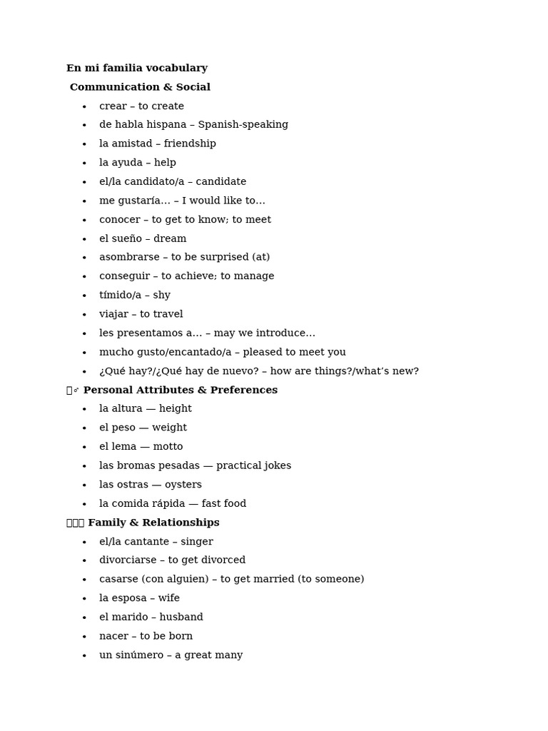 Vocabulario Familiar en Español | PDF