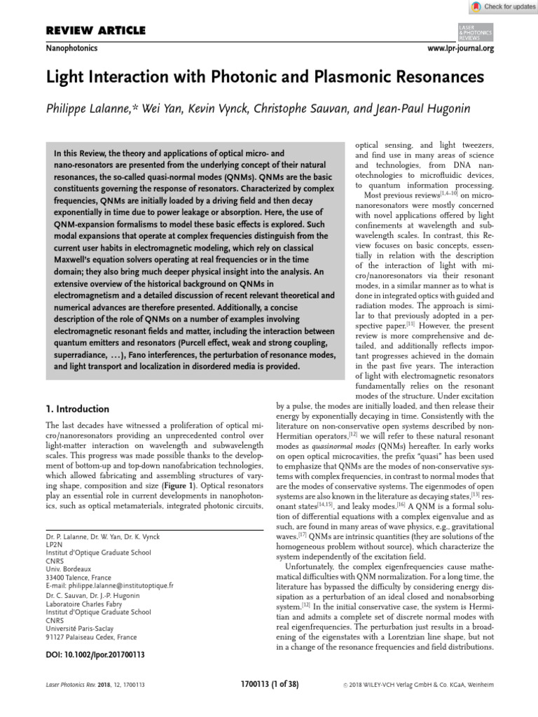 Laser Photonics Reviews - 2018 - Lalanne - Light Interaction With ...