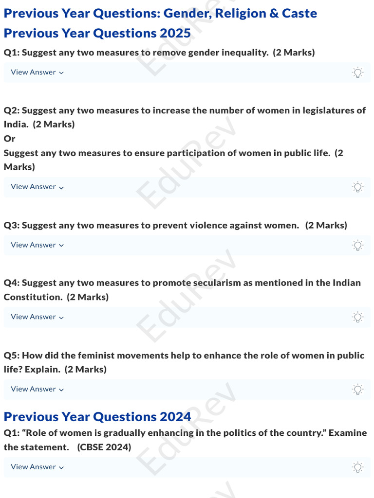 Gender, Religion & Caste Exam Questions | PDF | Caste | Feminist Movement