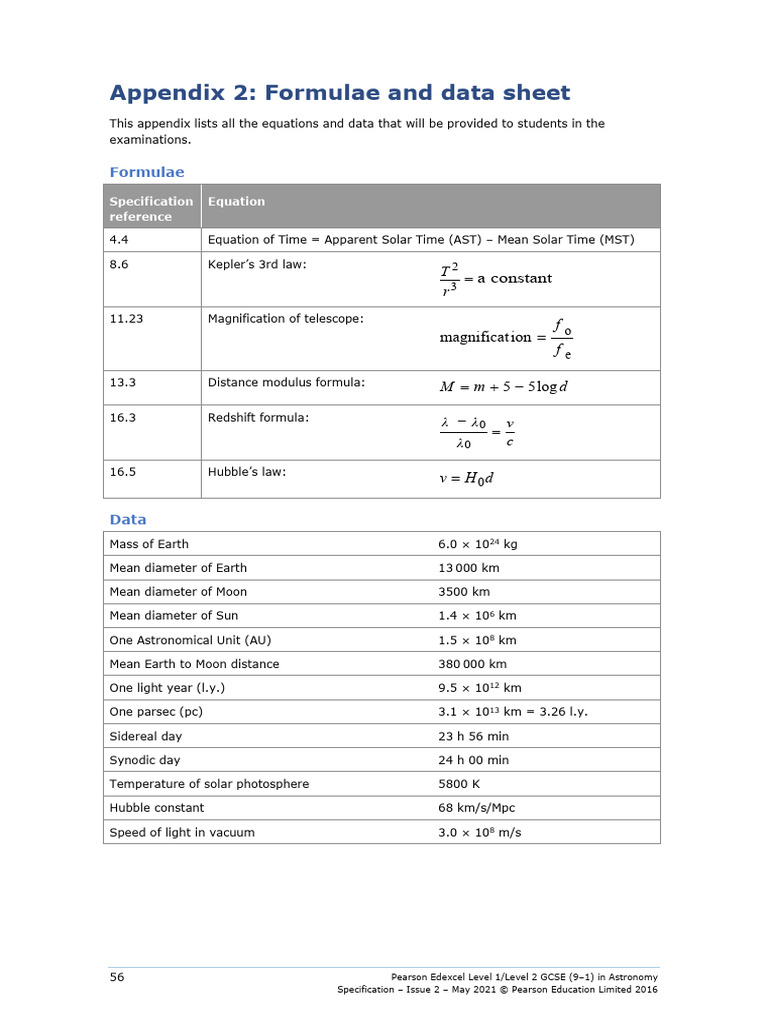 GCSE Astronomy Formulae and Data Sheet | PDF | Natural Satellite | Planets