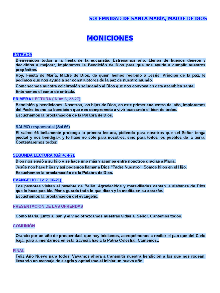 Moniciones 01 de Enero Solemnidad de Santa María 2026 | PDF | María, madre de Jesús | Oración
