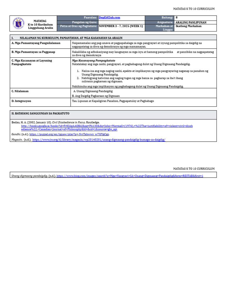 DLL Matatag - Ap 8 q3 w1 | PDF