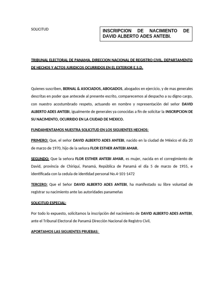 Solicitud de Inscripción de Nacimiento en Panamá | PDF