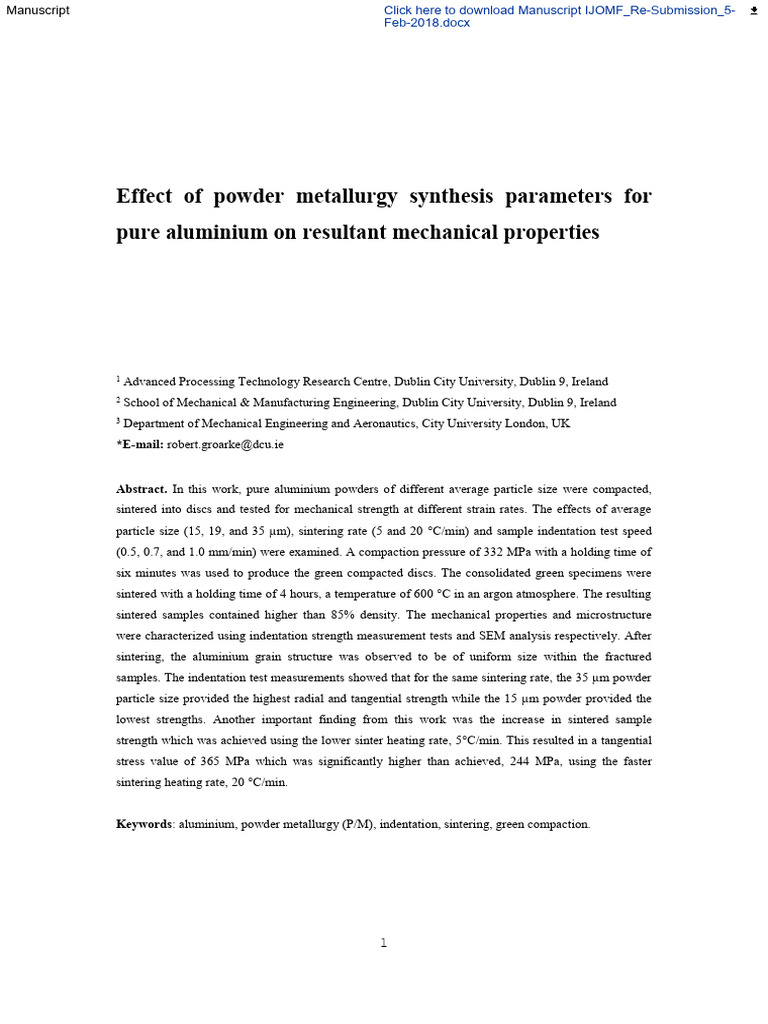 Aluminium Powder Metallurgy Effects | PDF | Sintering | Mechanical ...