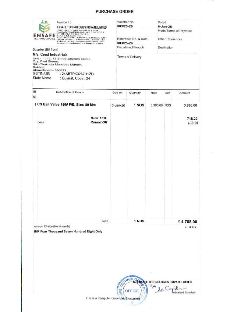 M - S. Crest Industrials, Purchase Order 2025-26 | PDF