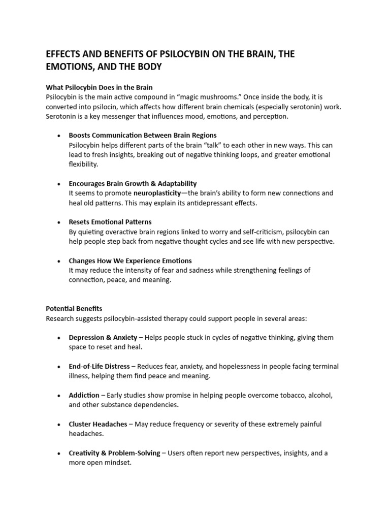 EFFECTS AND BENEFITS OF PSILOCYBIN - FOR LAYPERSONS | PDF | Psilocybin ...