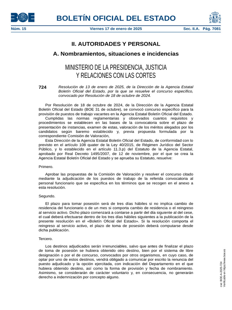 Disposición 724 Del BOE Núm. 15 de 2025 | PDF | Gobierno | Gobierno de ...