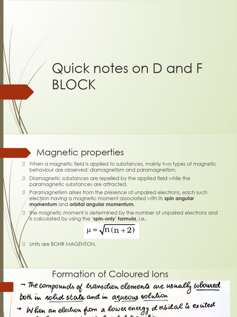 Quick Notes on D and F BLOCK.pptx | PDF | Ion | Chemical Compounds