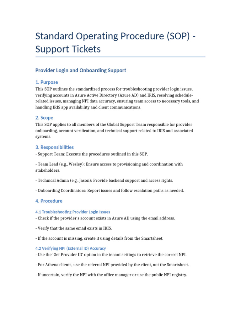 SOP for Provider Login Support | PDF