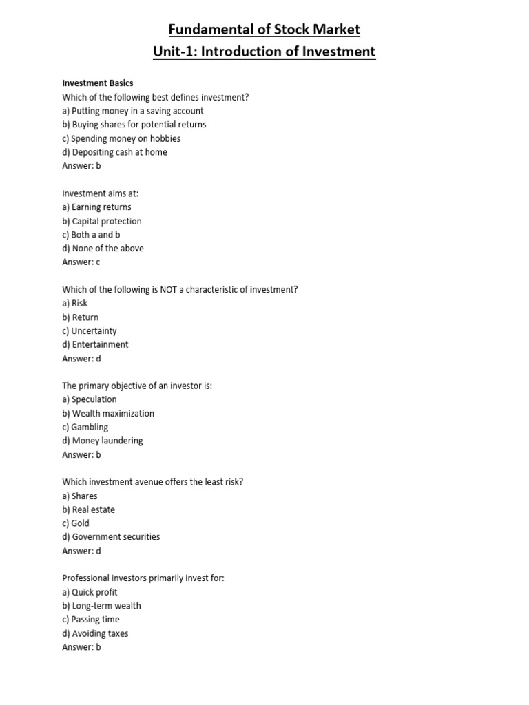MCQ QUESTIONS FUNDAMENTAL OF STOCK MARKET UNIT 1 | PDF | Investing ...