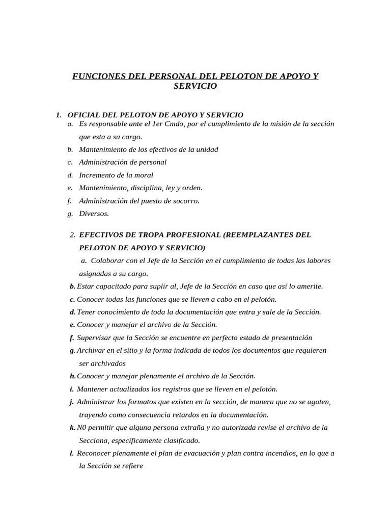 Funciones Del Personal Del Peloton de Apoyo y Servicios | PDF