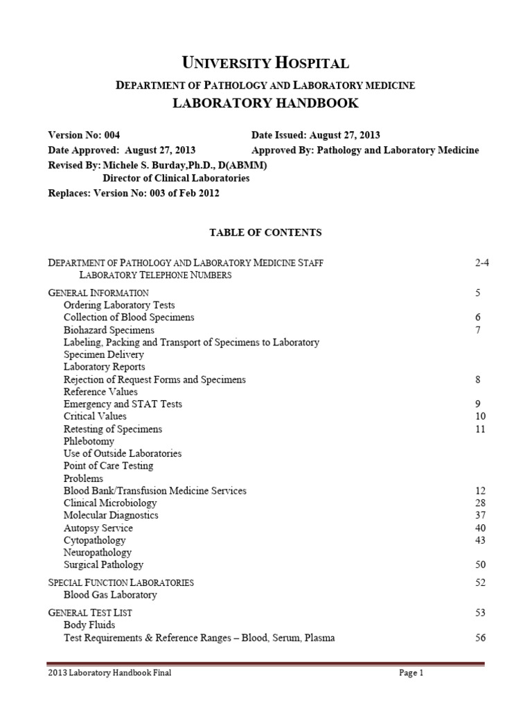2013 Laboratory Handbook | PDF | Pathology | Blood Transfusion