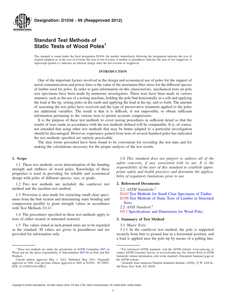 D1036-99(2012) Standard Test Methods of Static Tests of Wood Poles ...