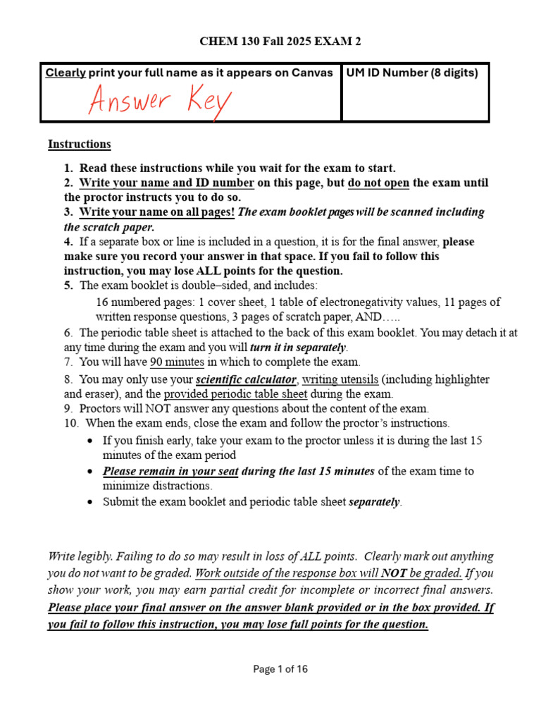 CHEM 130 Fall 2025 Exam 2 Instructions | PDF | Fertilizer | Mole (Unit)