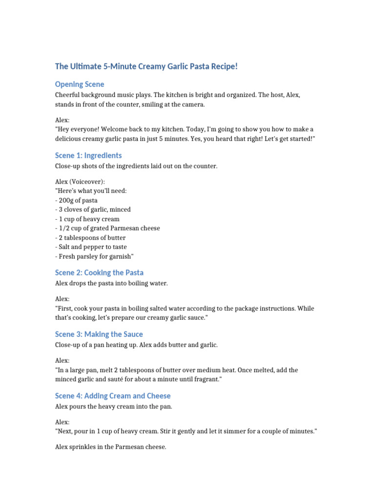 Creamy Garlic Pasta Recipe Script | PDF