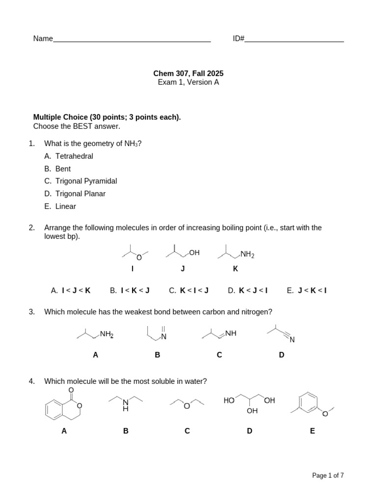 Chem 307 Fall 2025 Exam 1 Questions | PDF | Molecules | Chemistry