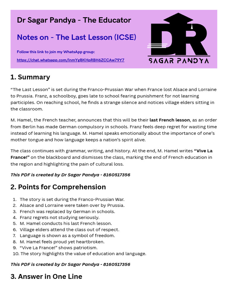 Last Lesson Summary & Analysis Guide | PDF