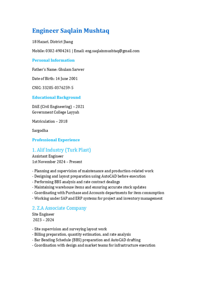 Engineer Saqlain Mushtaq Alifindustry (Turk Plast) | PDF