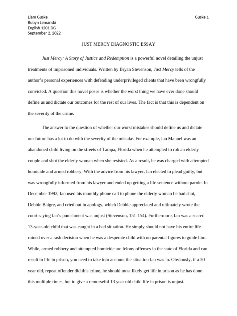 LIAM GUSKE JUST MERCY DIAGNOSTIC ESSAY | PDF | Public Law | Law Enforcement