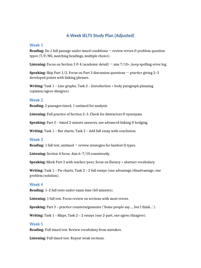 6-Week IELTS Study Plan Guide | PDF