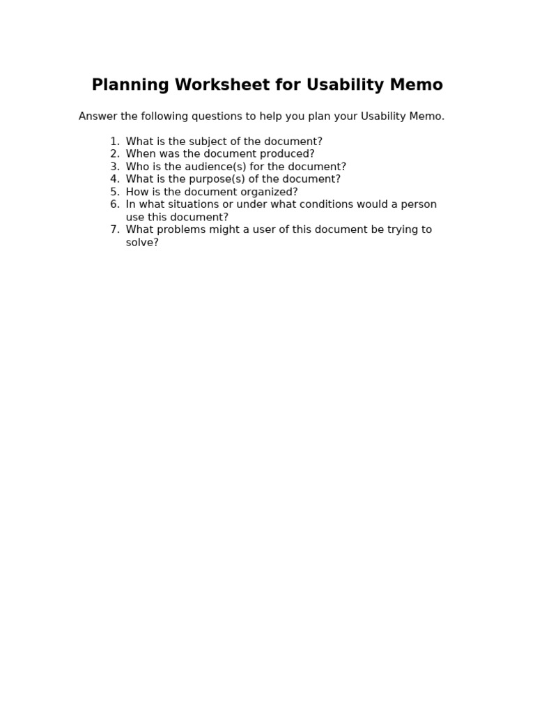 Usability Memo Planning Worksheet | PDF
