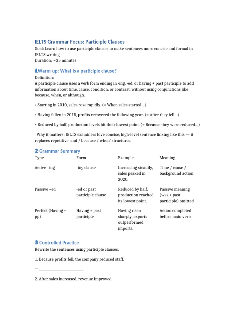 Mastering Participle Clauses for IELTS | PDF | Syntax | Economies