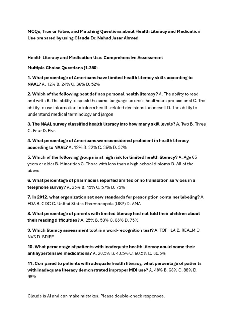 MCQs, True or False, and Matching Questions about Health Literacy and ...