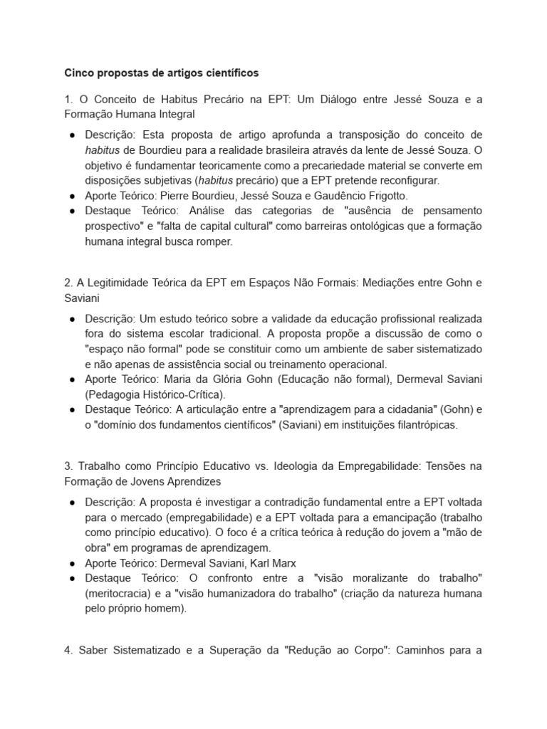 Cinco Propostas de Artigos Científicos | PDF | Teoria | Desenvolvimento profissional