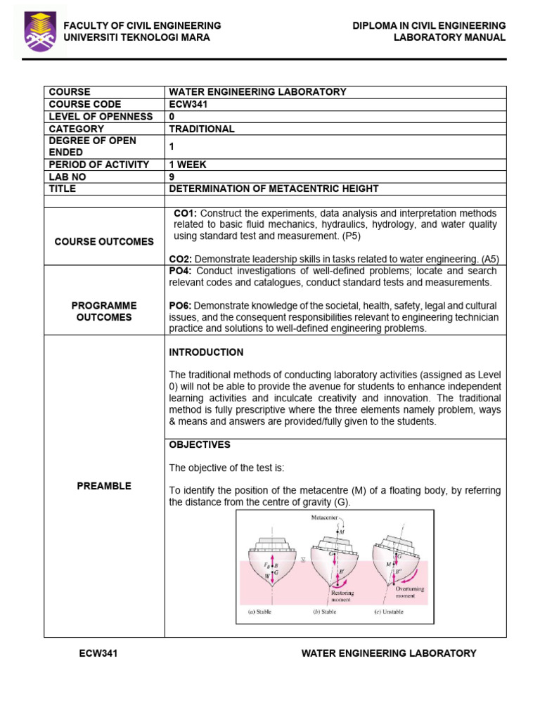 Metacentric Height Lab Manual ECW341 | PDF | Buoyancy | Mechanics
