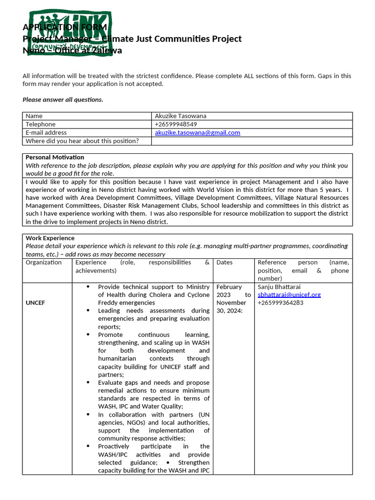 Application Form Project Manager CJC (2) | PDF | Capacity Building | Wash