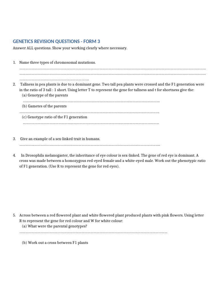 Genetics Revision Questions for Form 3 | PDF | Dominance (Genetics ...