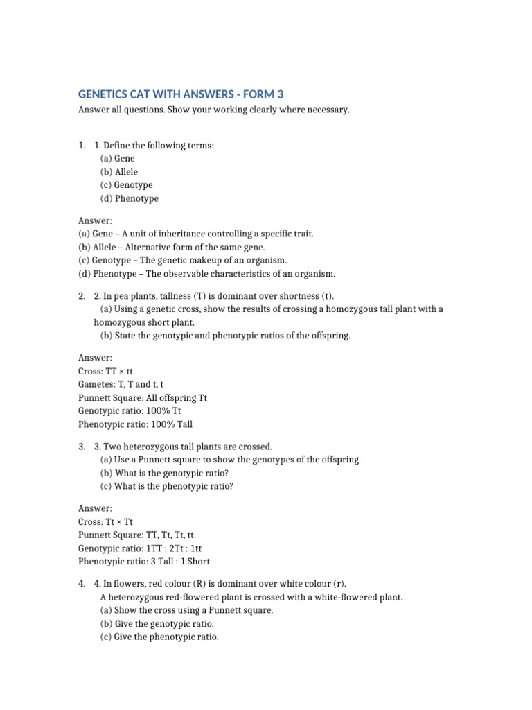 GENETICS_CAT_WITH_ANSWERS_FORM3 | PDF | Genotype | Dominance (Genetics)