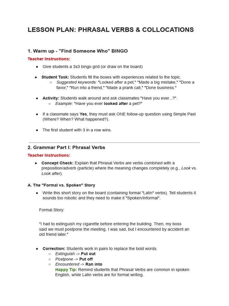 Phrasal Verbs and Collocations Lesson Plan | PDF | Linguistics | Syntax