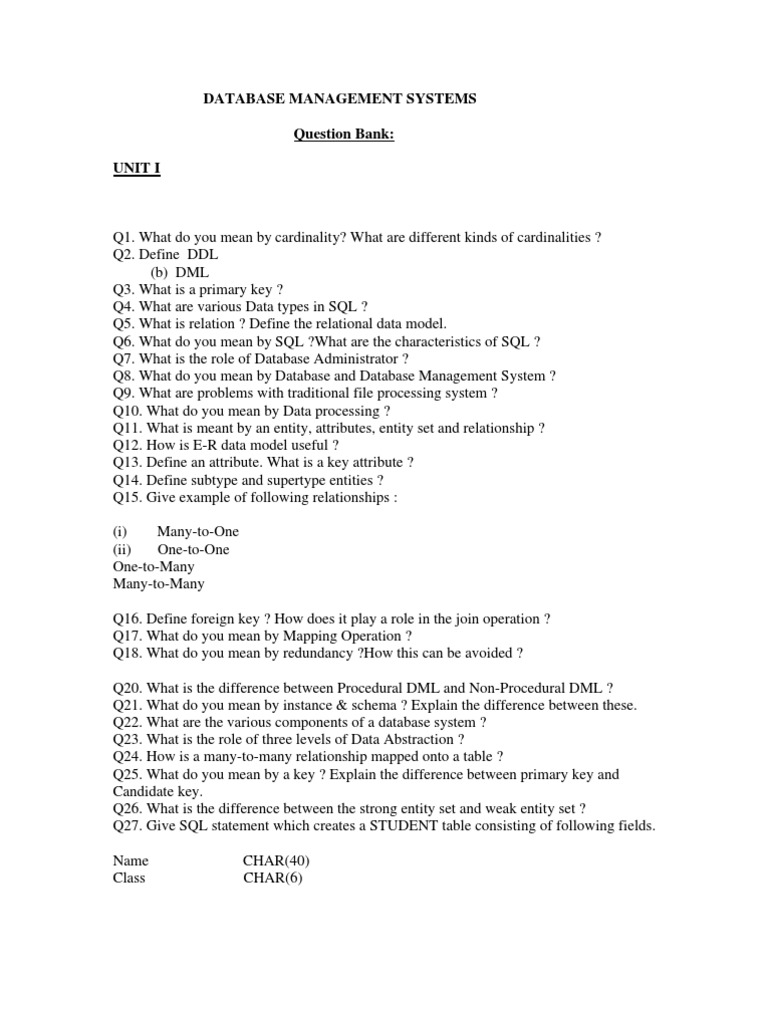 Dbms Question Bank Pdf Database Index Databases