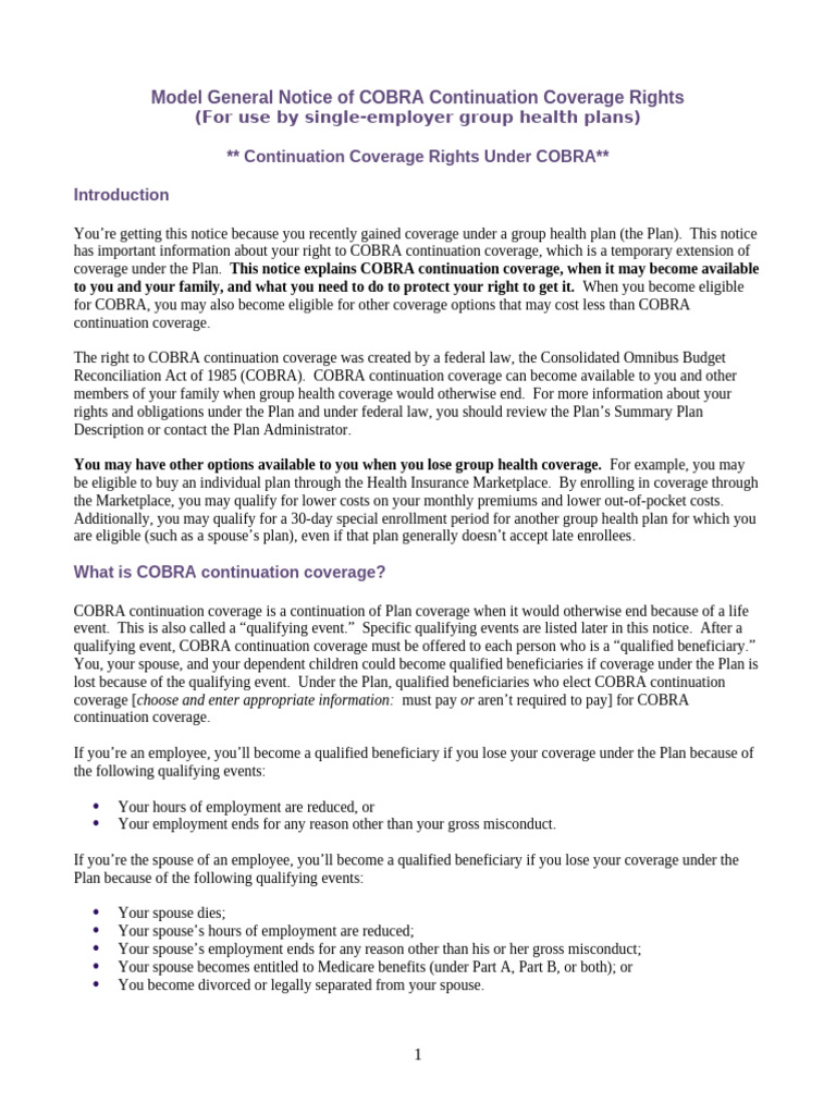 model-general-notice | PDF | Consolidated Omnibus Budget Reconciliation ...