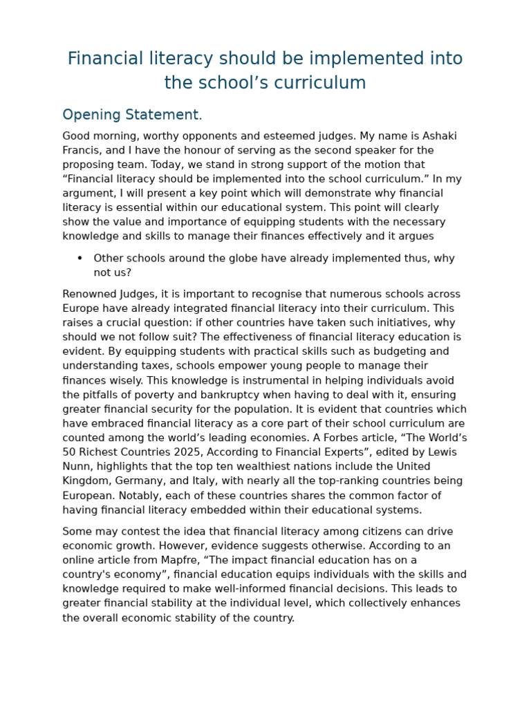 debate 2 | PDF | Financial Literacy | Literacy