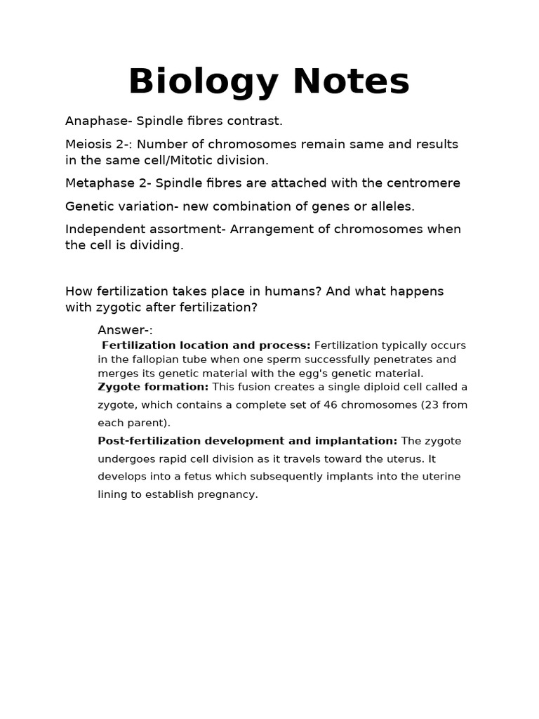 Biology Notes on Meiosis and Fertilization | PDF