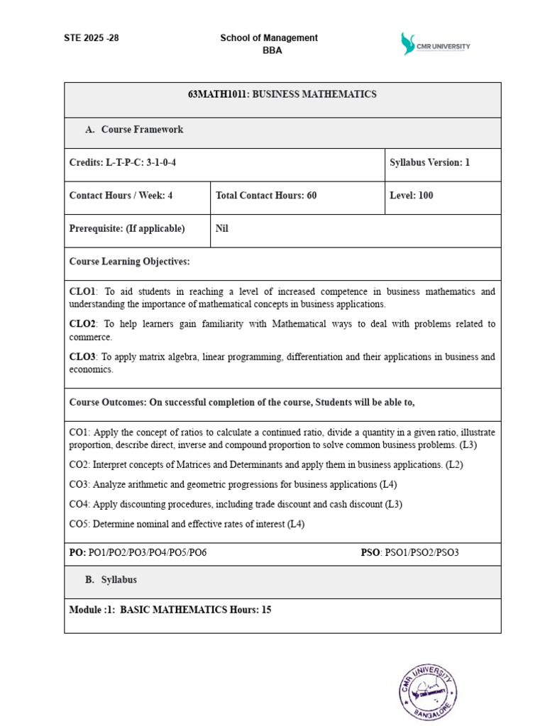 Business Mathematics Course Syllabus | PDF | Determinant | Abstract Algebra