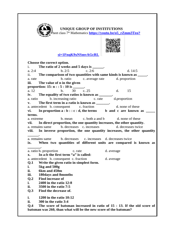 7th Maths Work Sheet123 | PDF