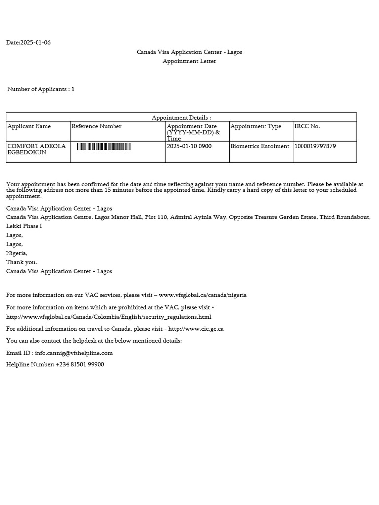 Canada Visa Appointment Confirmation - Lagos | PDF