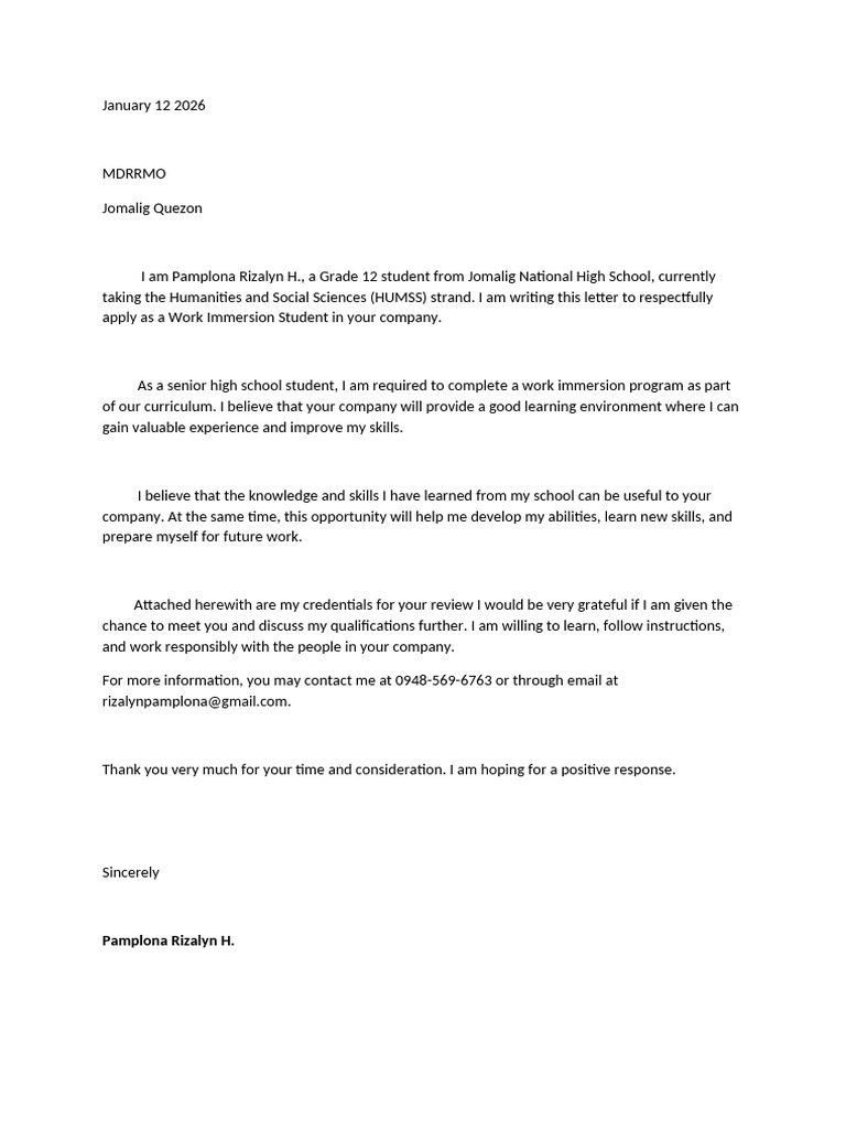 Work Immersion Application Letter | PDF