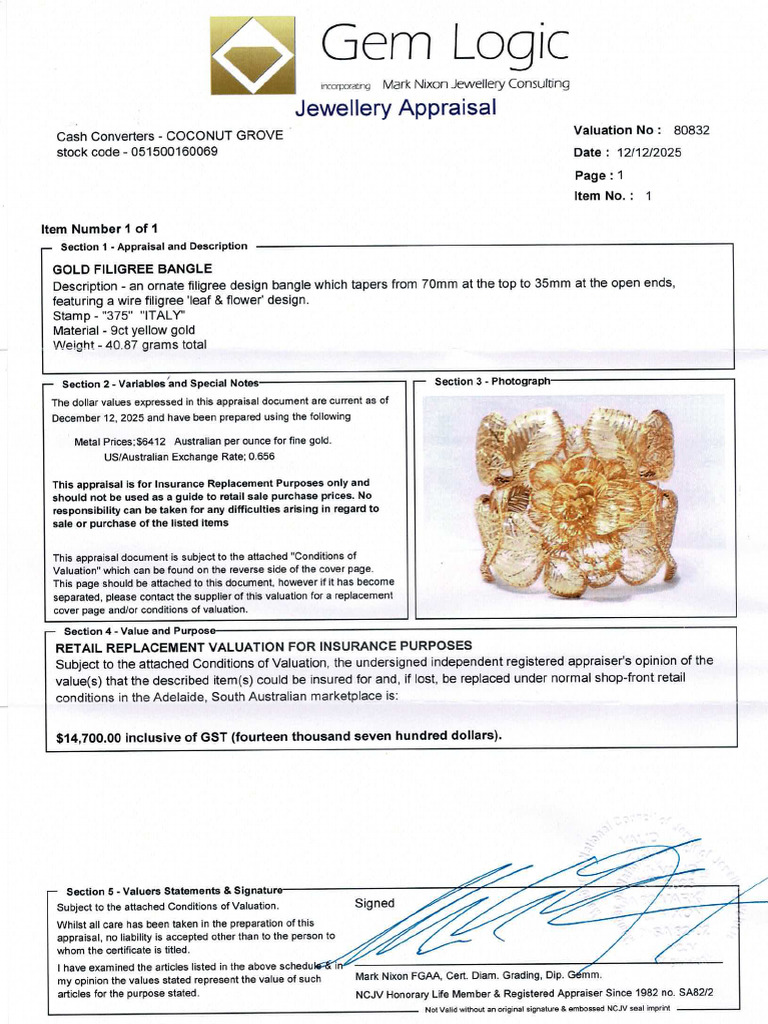 Valuation-051500160069 Leaf and Flower Filigree Design 9ct Yellow Gold ...