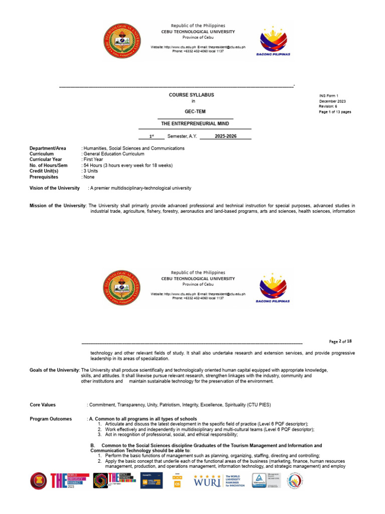 Entrepreneurial Mindset Course Syllabus | PDF | Entrepreneurship | Mindset