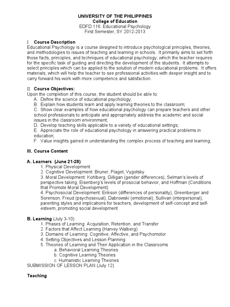 Edfd 116 1st Sem 2012 WITH DATES | Learning Theory (Education ...