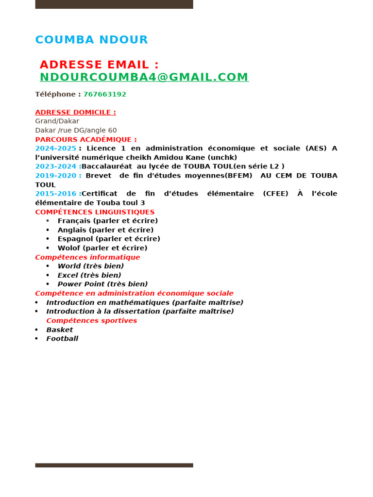 Profil académique et compétences de Coumba Ndour | PDF