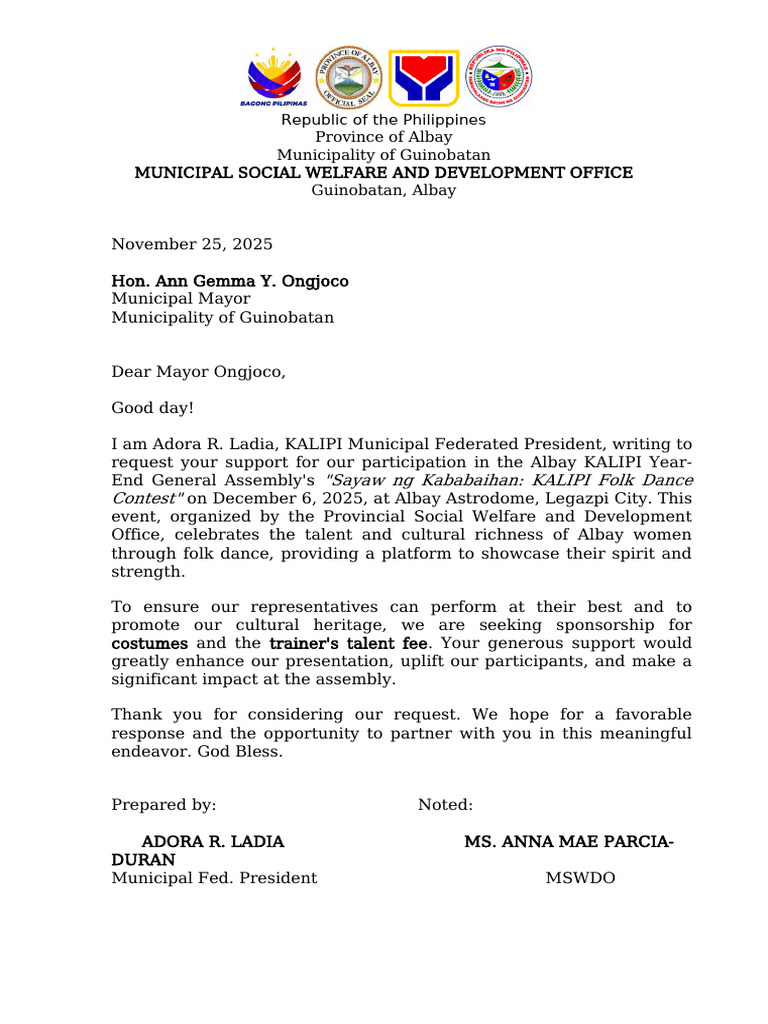 KALIPI Folk Dance Contest Sponsorship Request | PDF