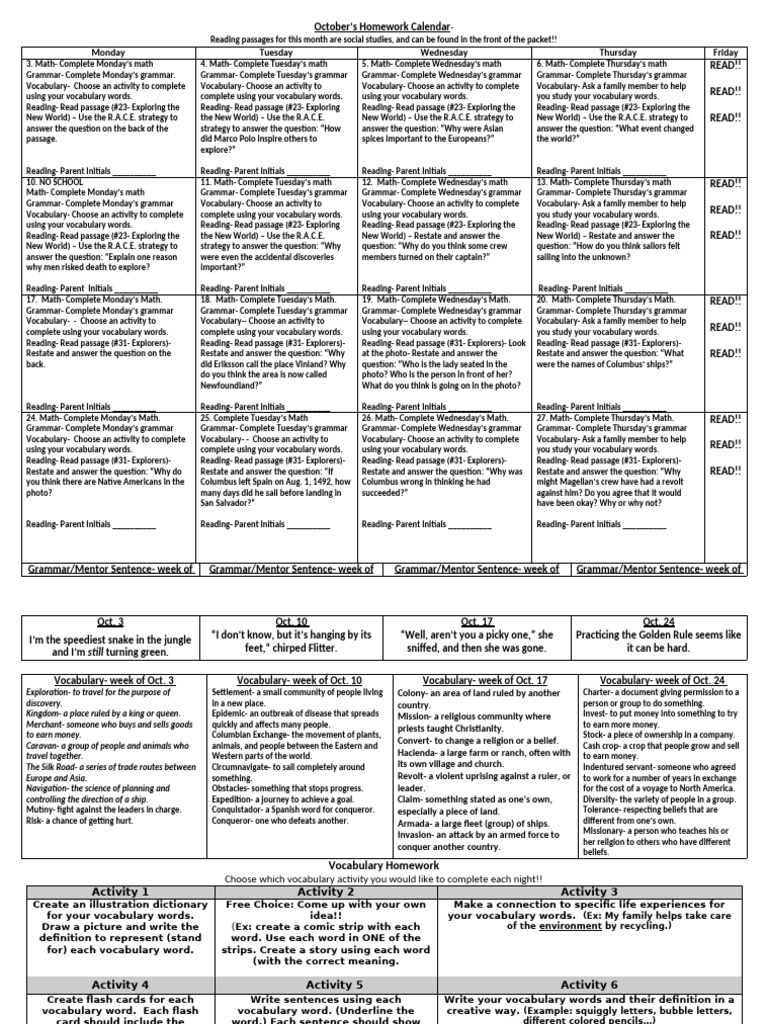 October Homework Calendar (2) | PDF | Vocabulary