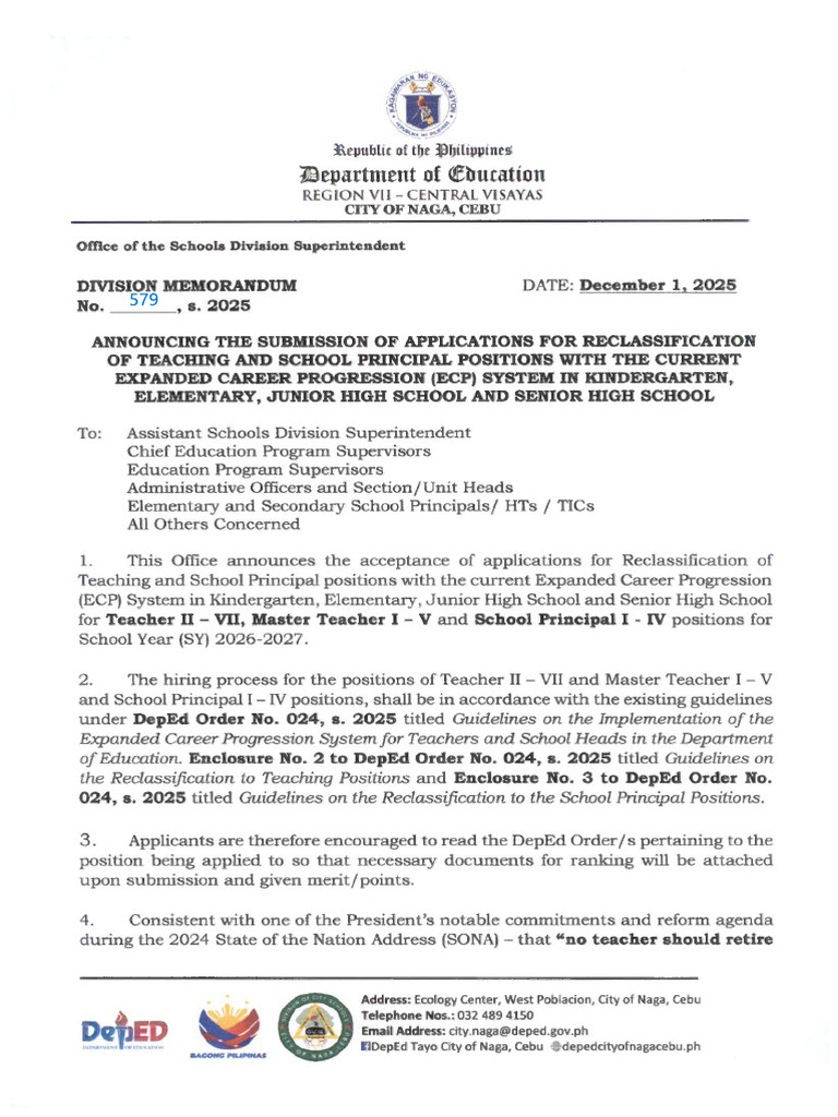 Division Memo 2025 579 Announcing the Submission of Applications for ...