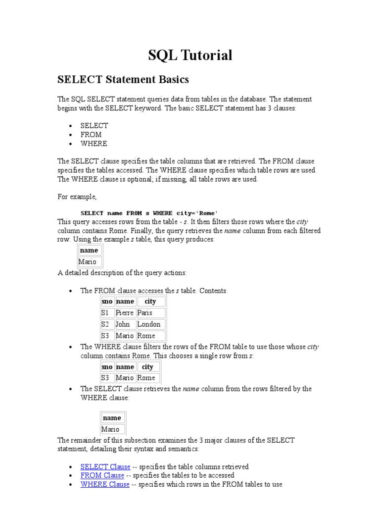 Sql Tutorial Select Statement Basics Pdf Sql Software Engineering
