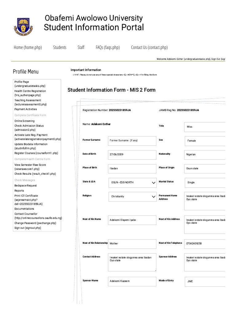 OAU Student Information Portal Guide | PDF | Educational Stages